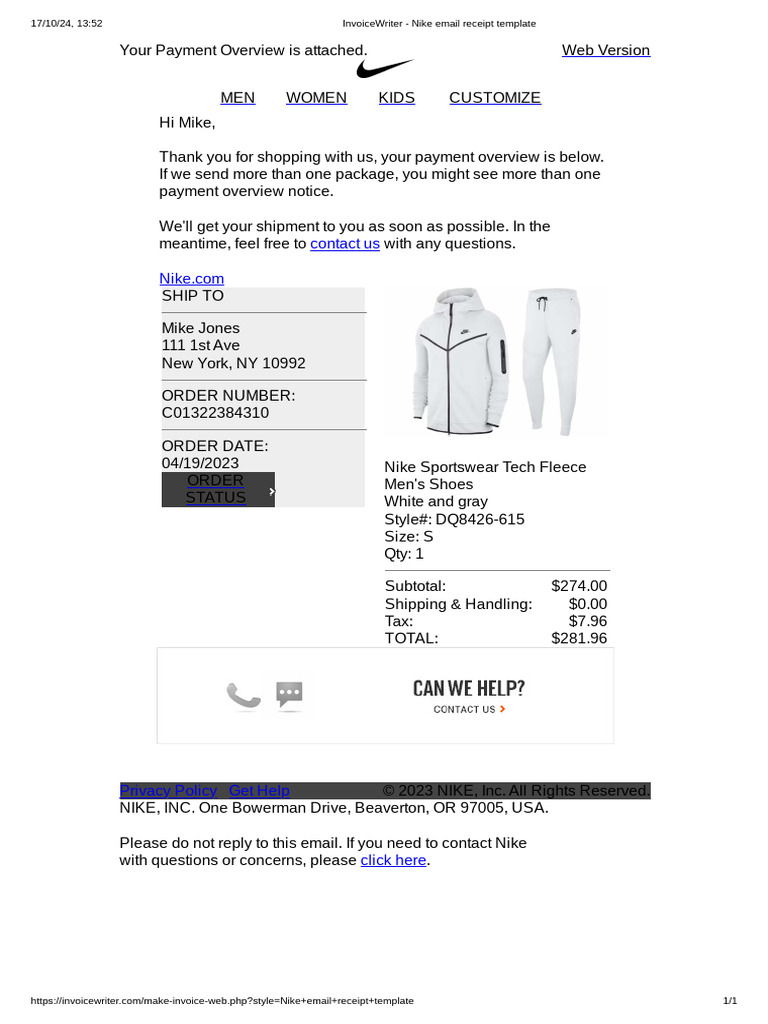 InvoiceWriter - Nike Email Receipt Template | PDF | Nike | Footwear