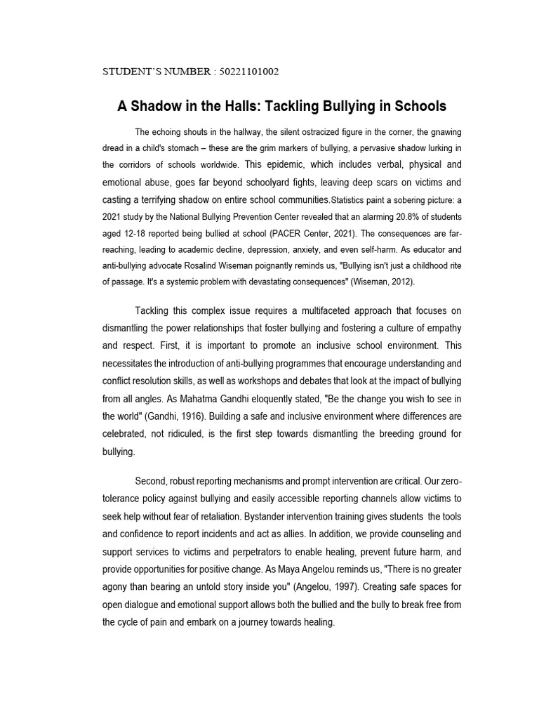 A Shadow in The Halls-Essay | PDF | Bullying | Cyberbullying