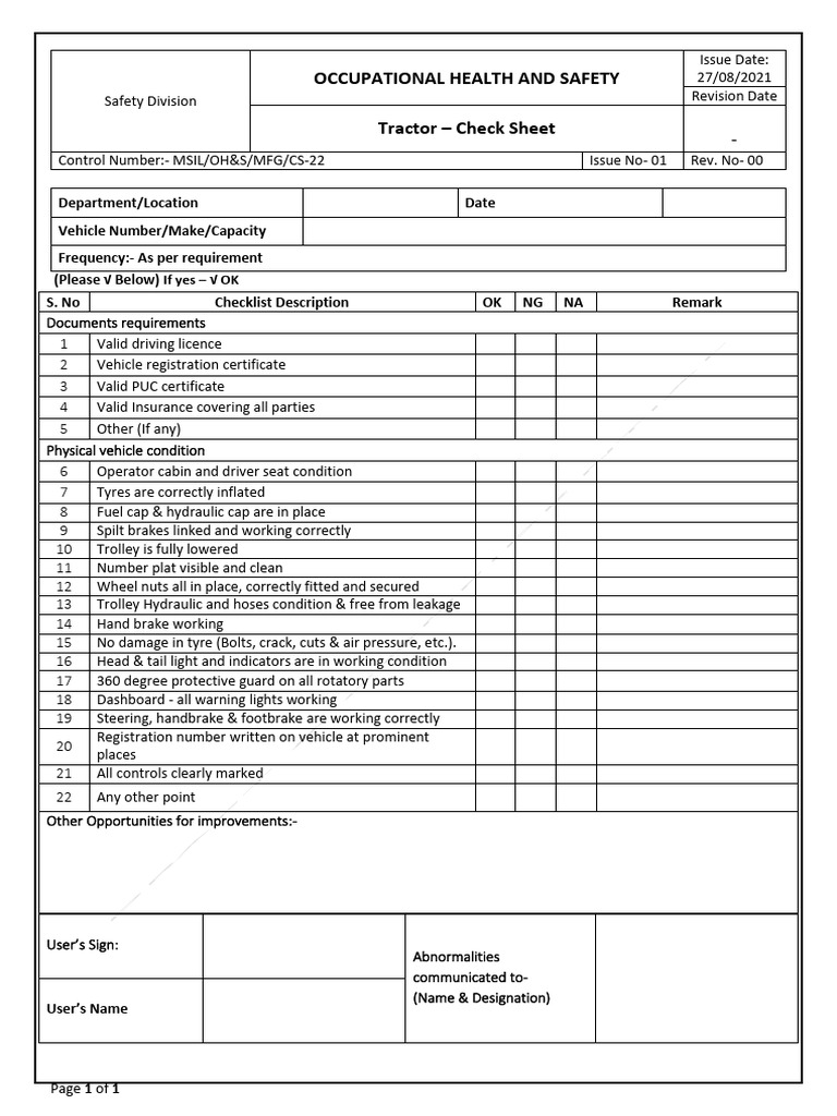 Tractor Checksheet | PDF | Vehicles | Automotive Industry