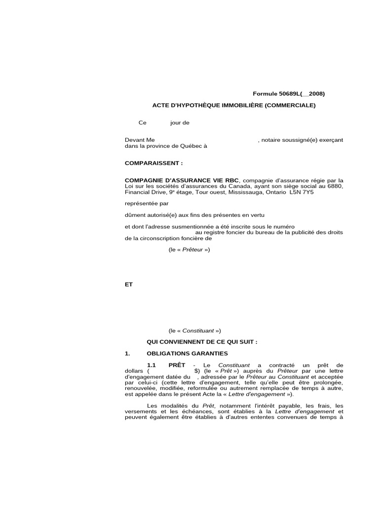 Acte d'Hypothèque Immobilière Commerciale | PDF | Assurance | Prêt ...