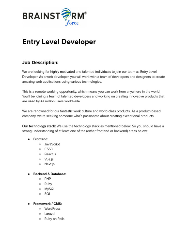 Brainstorm Force - Entry Level Developer | PDF | Web Development | Computing