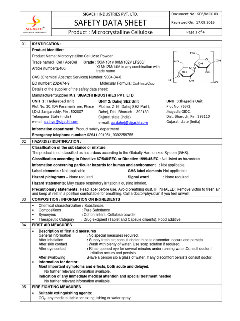Avicel 102 MCC+MSDS | PDF | Occupational Safety And Health | Safety