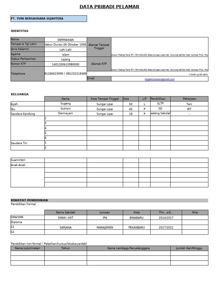 Profil Pelamar Dermawan PT YBS | PDF