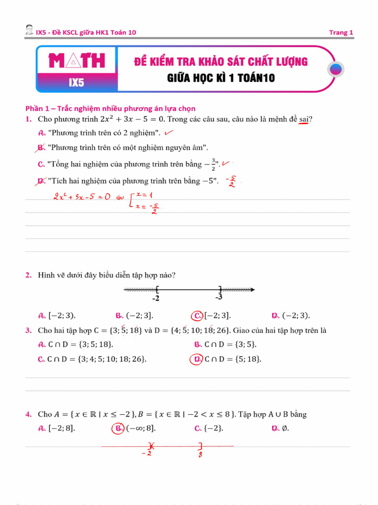 IX5 - KSCL giữa HK1 Toán 10 - KNTT - Đáp án viết tay | PDF