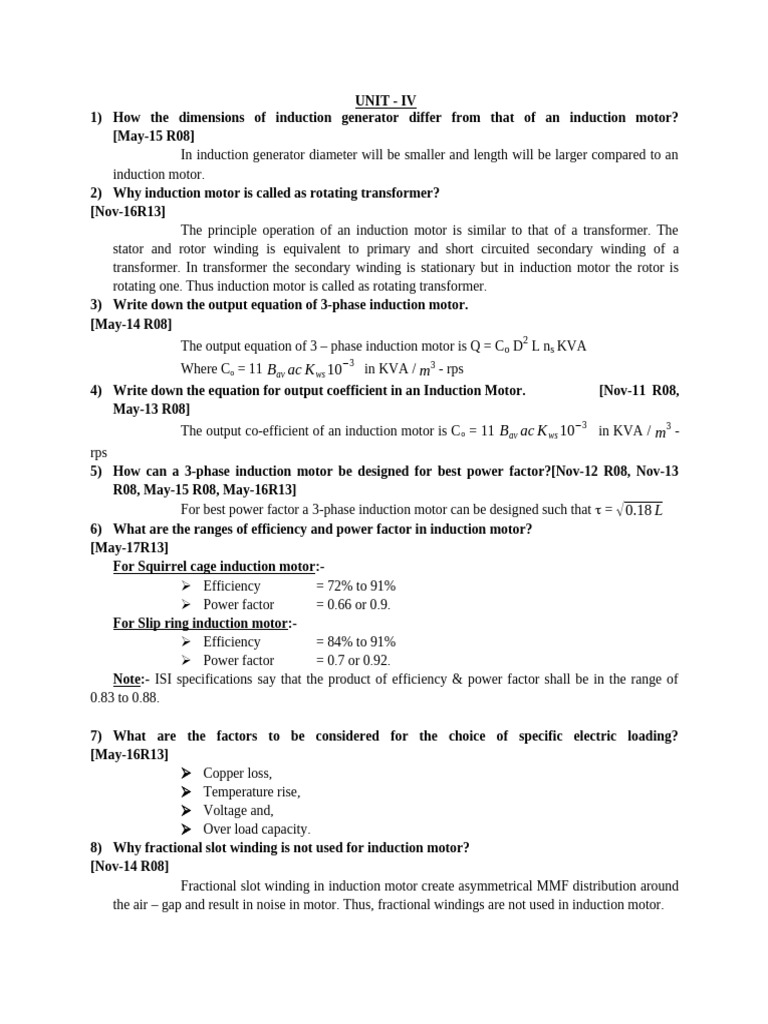 Ee6604 - Design of Electrical Machines Unit 4 2 Mark With Answer | PDF | Electric Motor ...