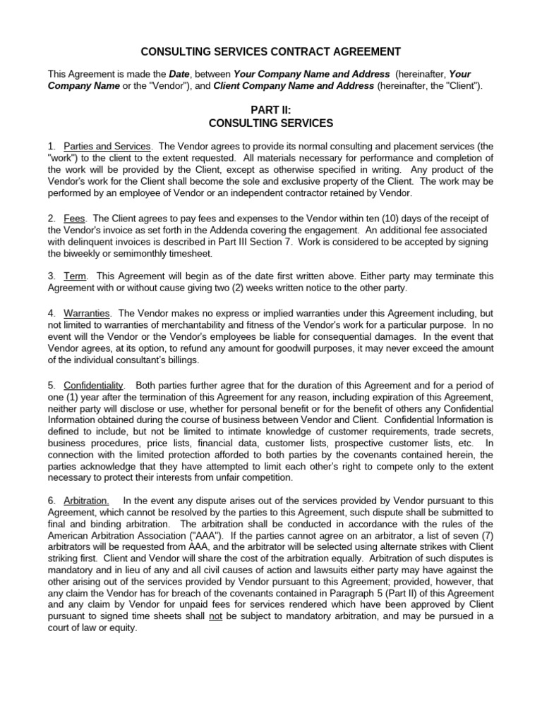 Consulting Services Contract Agreement | PDF | Arbitration | Employment
