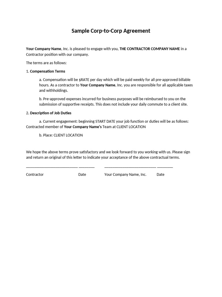 Sample Corp-to-Corp Agreement - Sample One | PDF | Law
