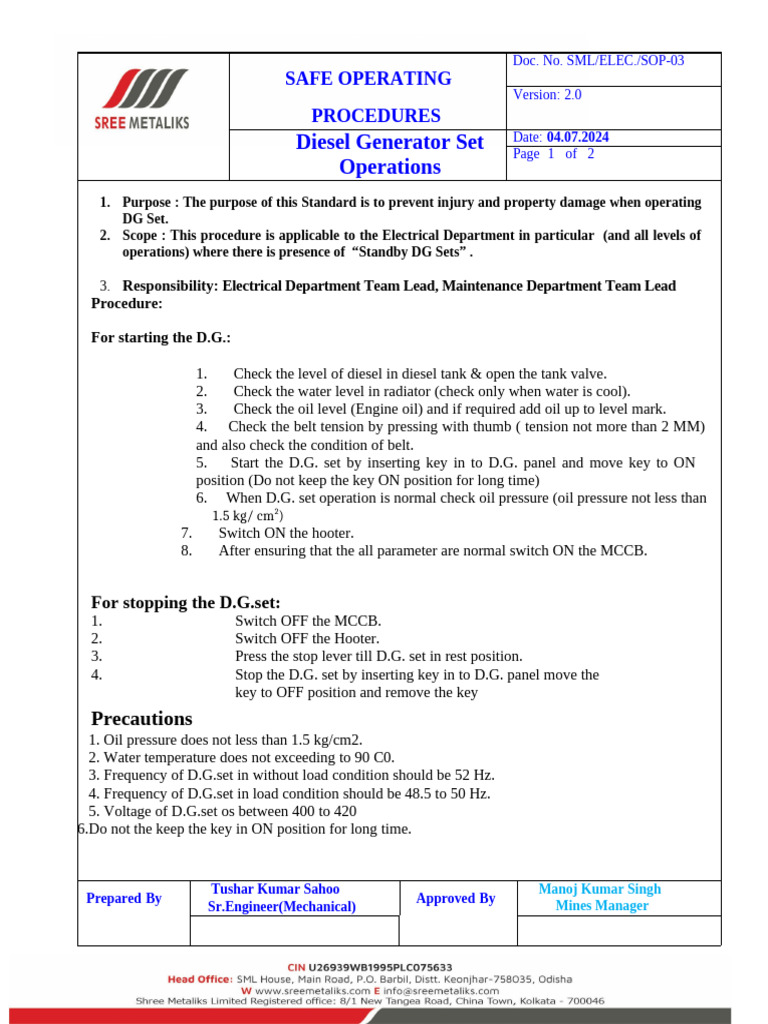 SOP For DG Set Operations | PDF | Power (Physics) | Electric Power