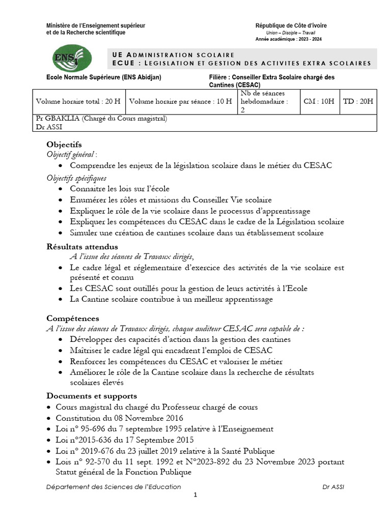 TD Législation Et Gestion Activités Extra Scolaires - Cantines | PDF | Côte d'Ivoire