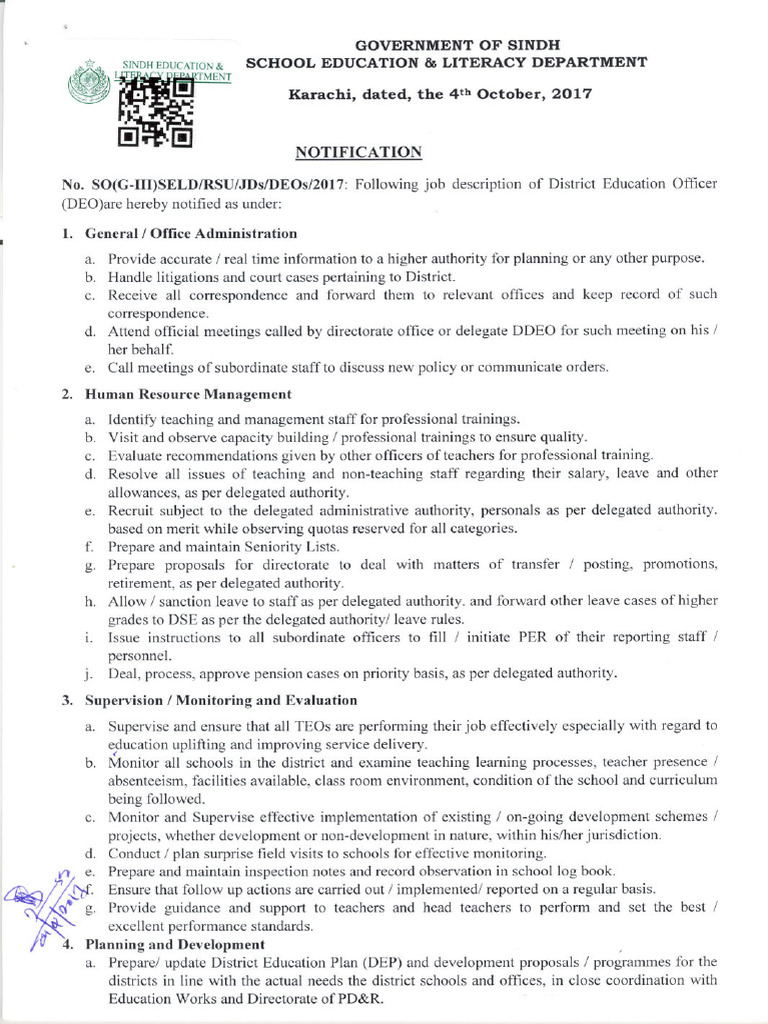 Notification For Notifying Following Job Description of District Education Officer (DEO) | PDF