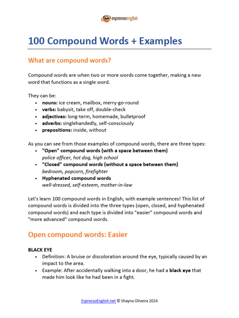 Free PDF 100 Compound Words Examples | PDF | Word | Adverb