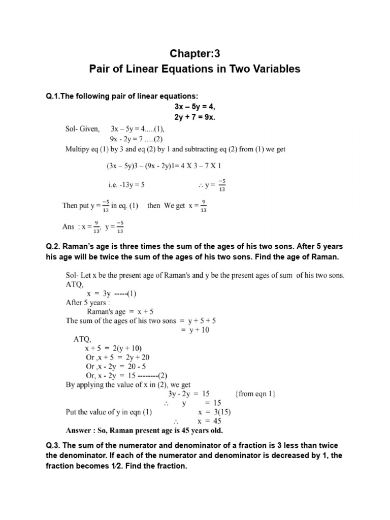 Cbse Class 10 Chapter 3 Pair of Linear Equations in Two Variables 4 or 5 Marks Imp Questions ...