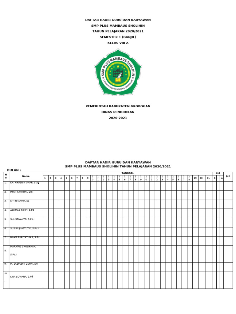Format Absen Guru Harian SMP | PDF