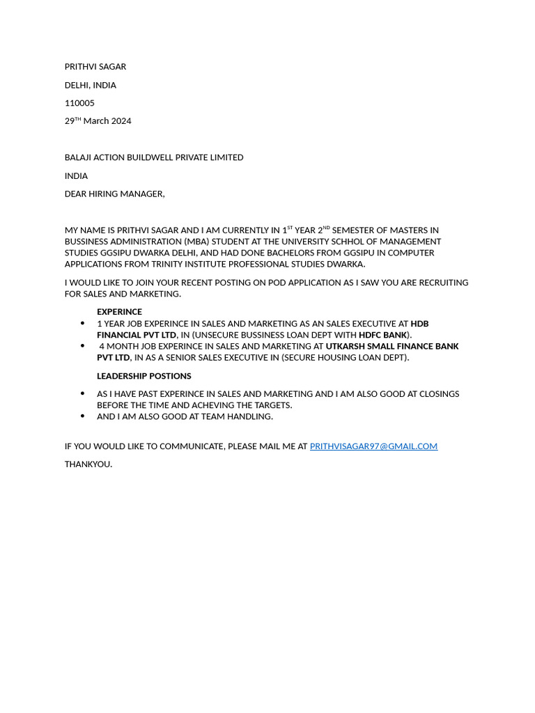 Prithvi Sagar Cover Letter | PDF