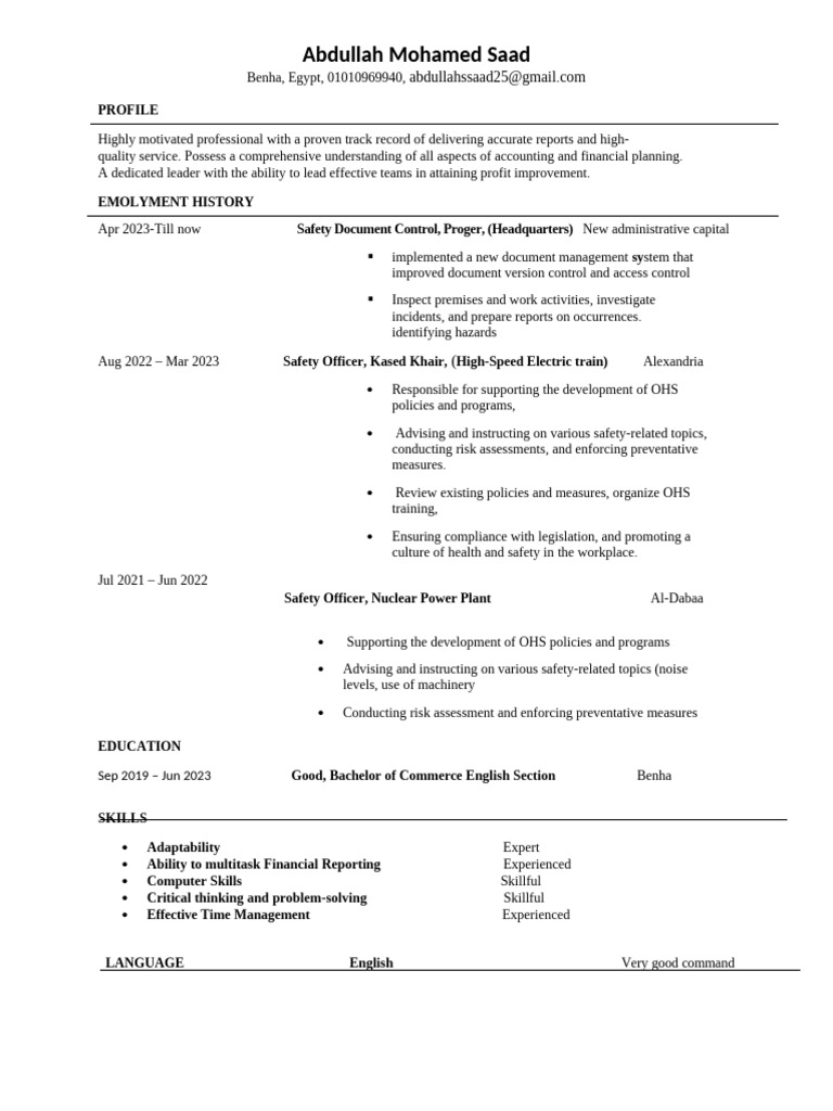 Abdullah Saad Resume | PDF | Occupational Safety And Health | Safety
