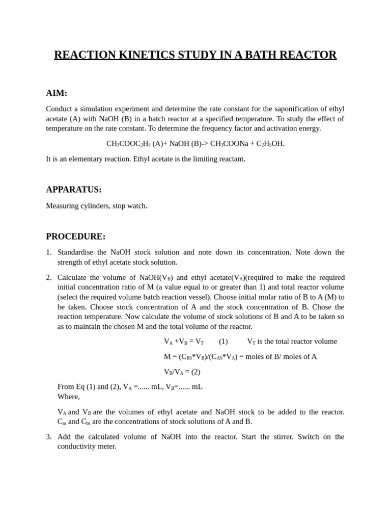Reaction Kinetics Study in A Bath Reactor | PDF | Reaction Rate ...