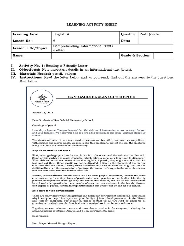 Activity No. 1 Reading A Friendly Letter | PDF