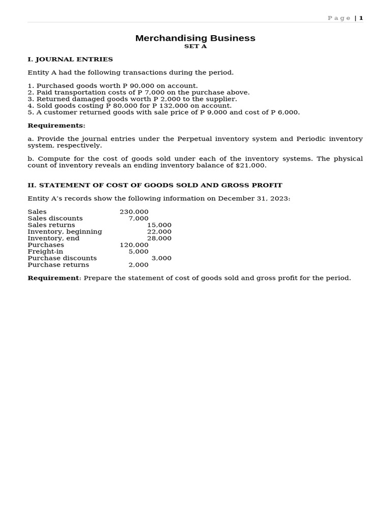 Merchandising Journal Entries COGS Gross Profit Set A | PDF