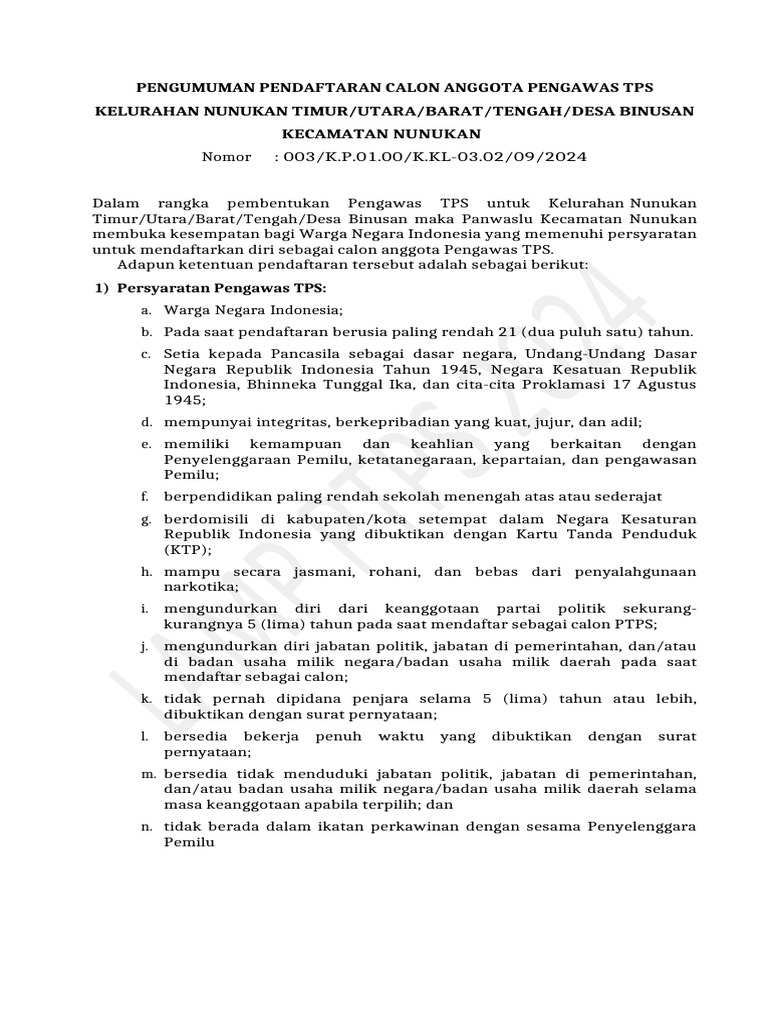 Pendaftaran Calon Pengawas TPS Nunukan | PDF