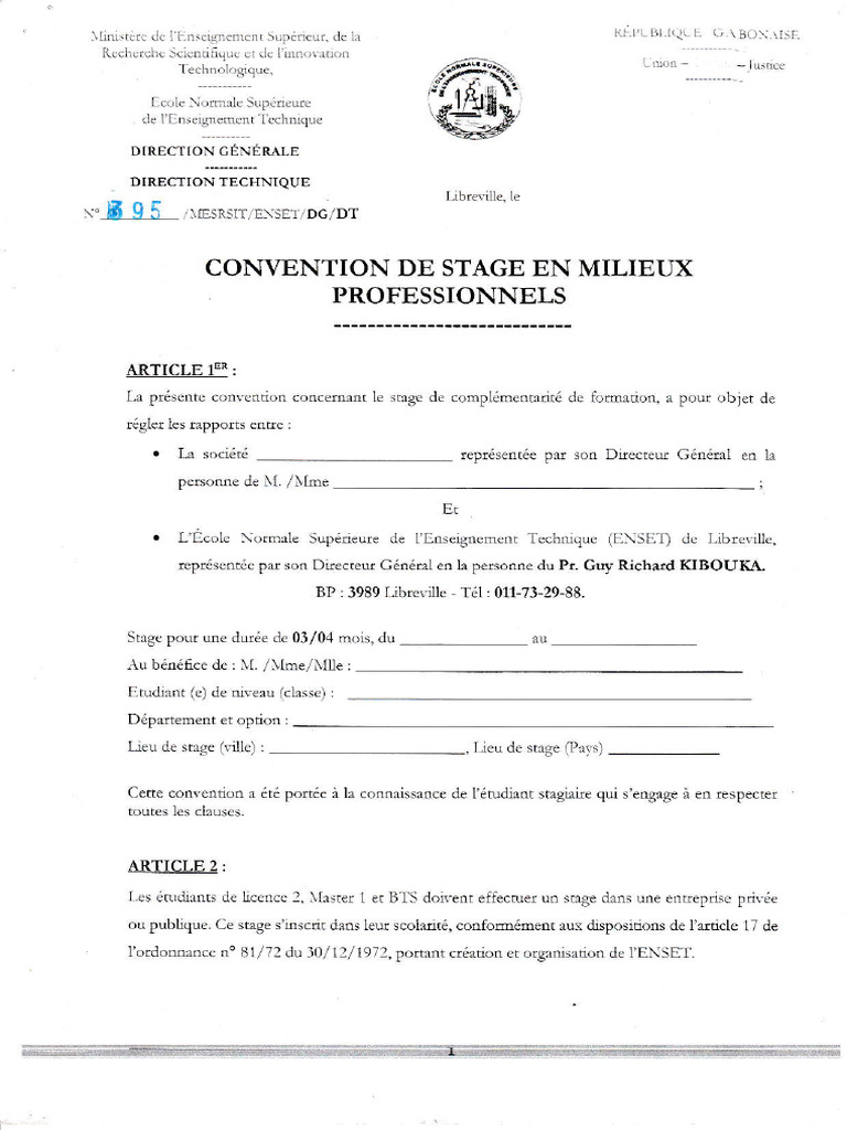 Convention de Stage en Milieux Professionnels | PDF | Droit ...