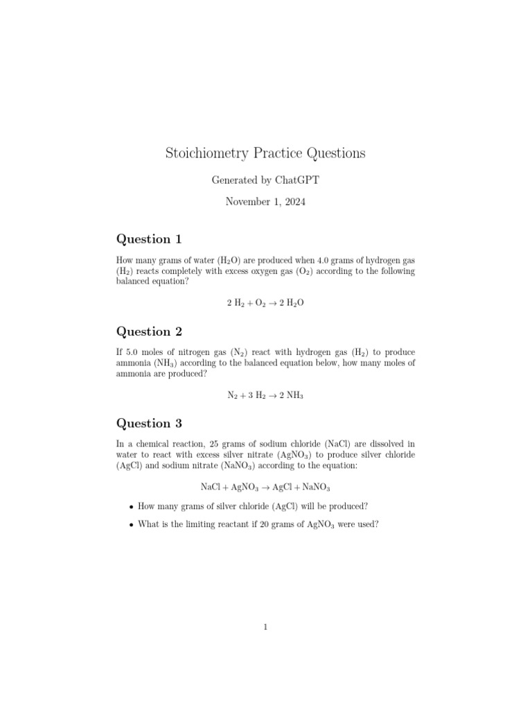 Stoichiometry Questions-1 | PDF | Science & Mathematics | Technology ...