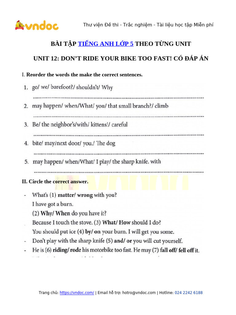 Bai Tap Ngu Phap Tieng Anh Lop 5 Unit 12 Don T Ride Your Bike Too Fast | PDF