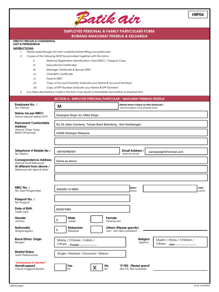 HRF04 Employee Personal and Family Particular Form Batik Air | PDF