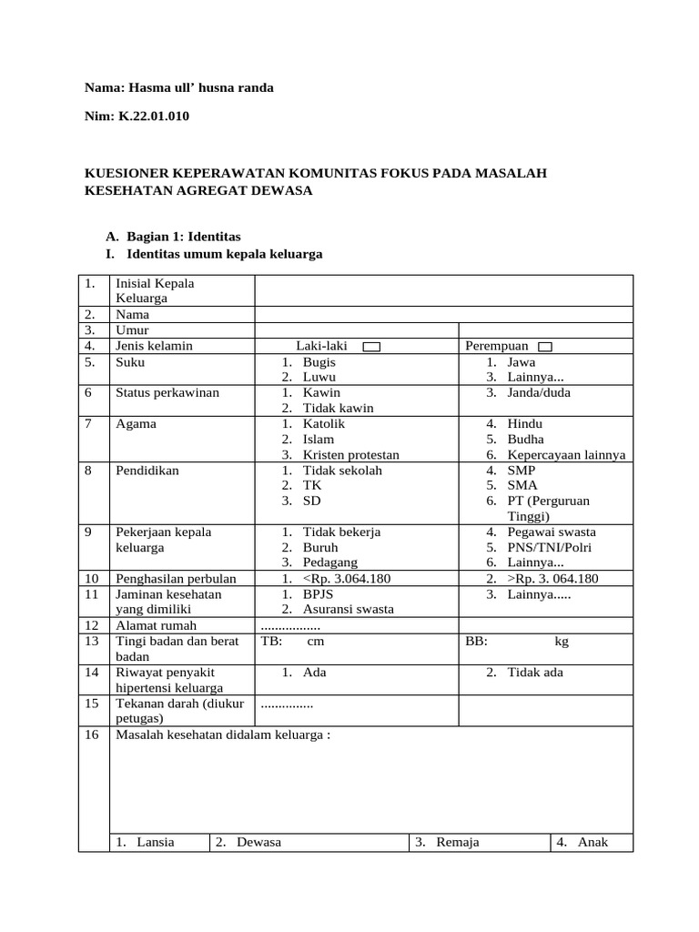 Kuesioner-Keperawatan-Komunitas Hasma Ull Husna K.22.01.010 | PDF | Pengembangan Diri | Gaya Hidup