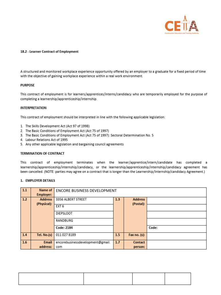 Template Contract of Employment | PDF | Apprenticeship | Employment