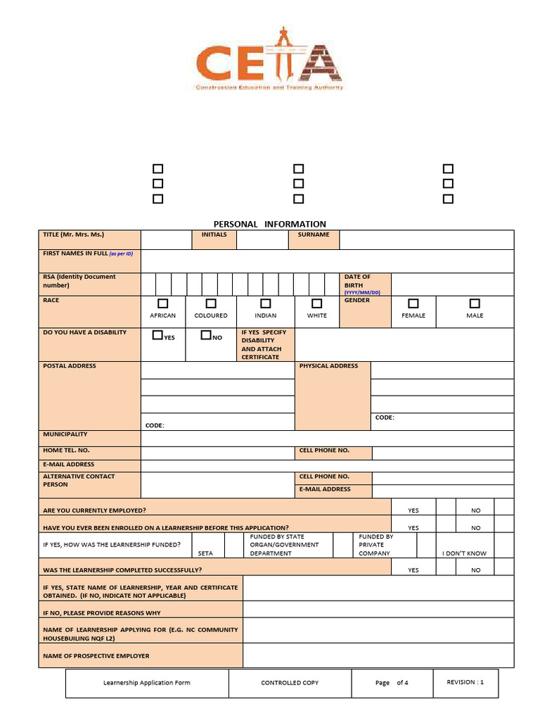 CETA - Learnership Application Form | PDF | Identity Document | Government And Personhood