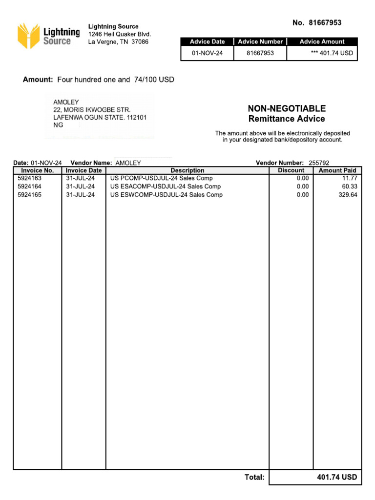 Check Remittance AMOLEY | PDF