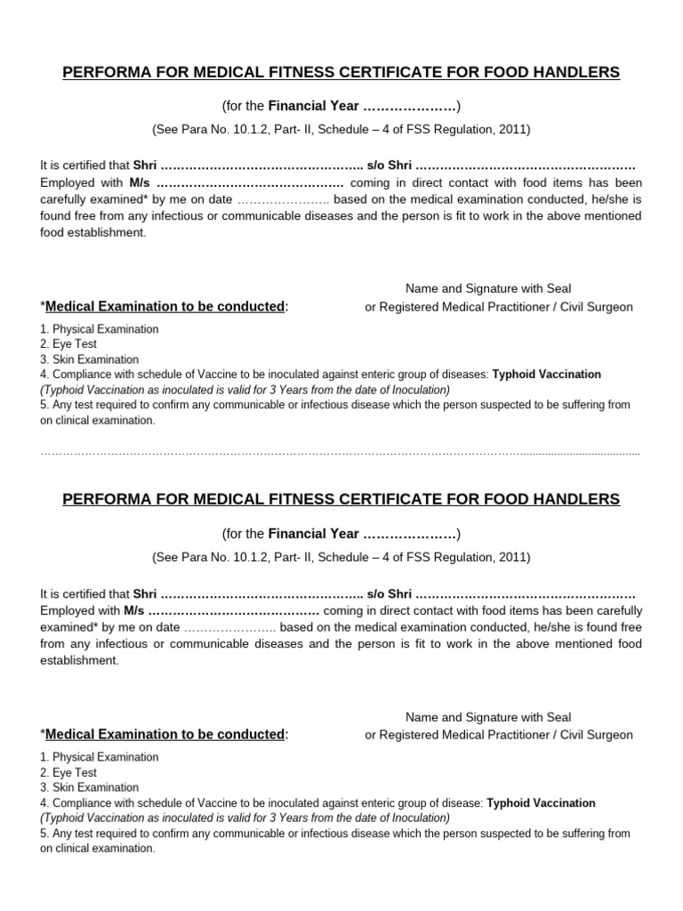 PERFORMA FOR MEDICAL FITNESS CERTIFICATE FOR FOOD HANDLERS - Vaccination | PDF | Physical ...