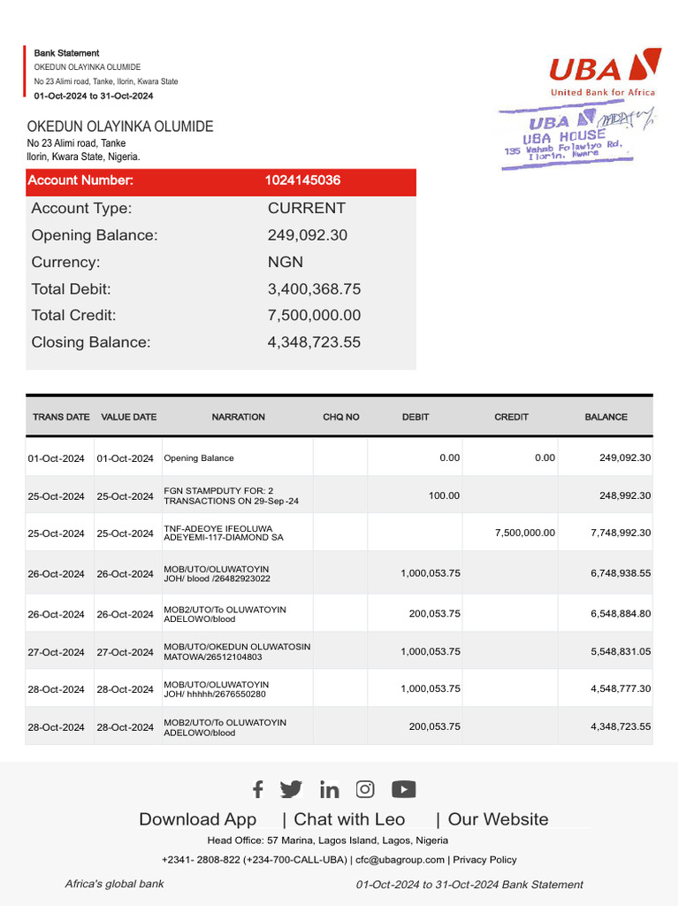 Uba Bank Statement For Okedun Olayinka Olumide | PDF | Money ...