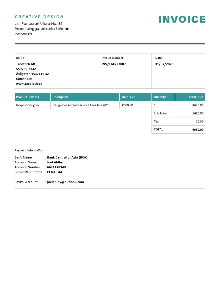 Invoice Tacotech Graphic Design July 2023 | PDF