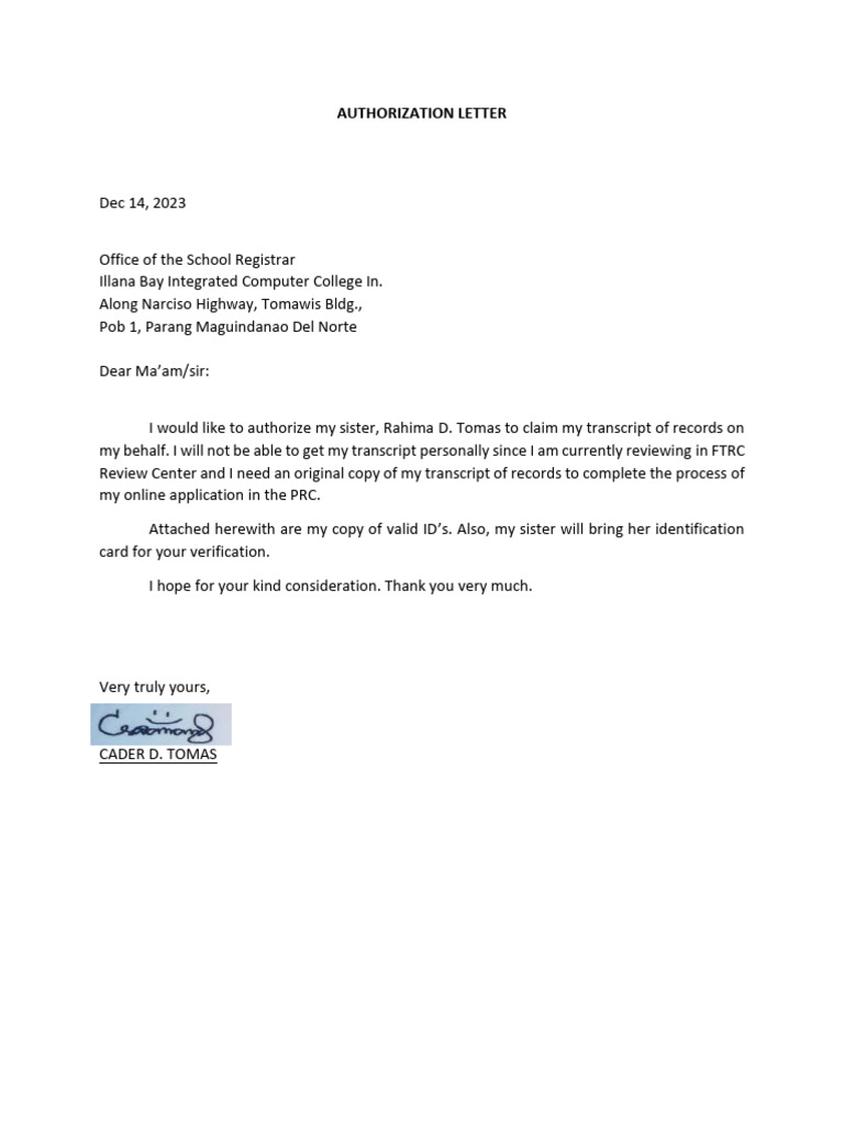 Authorization Letter Tor 2 | PDF