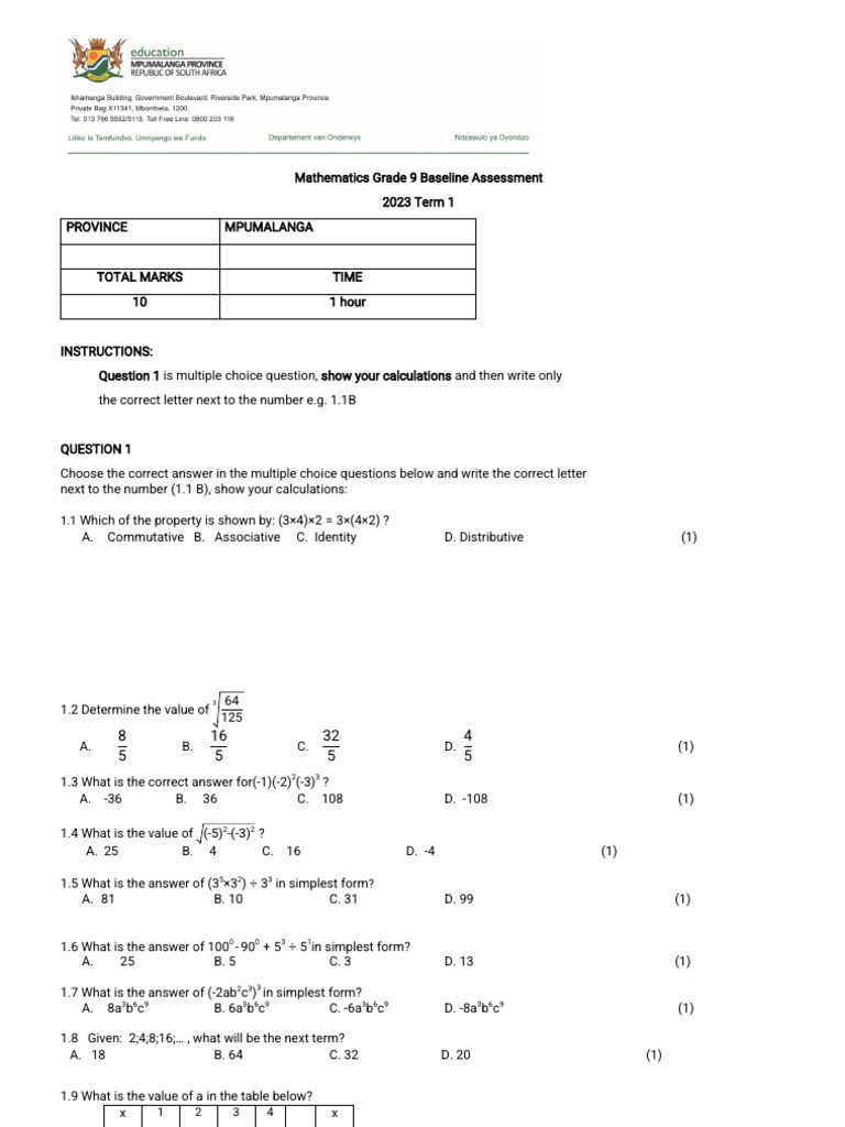 2023 GRADE 9 Mathematics Baseline Test Final | PDF