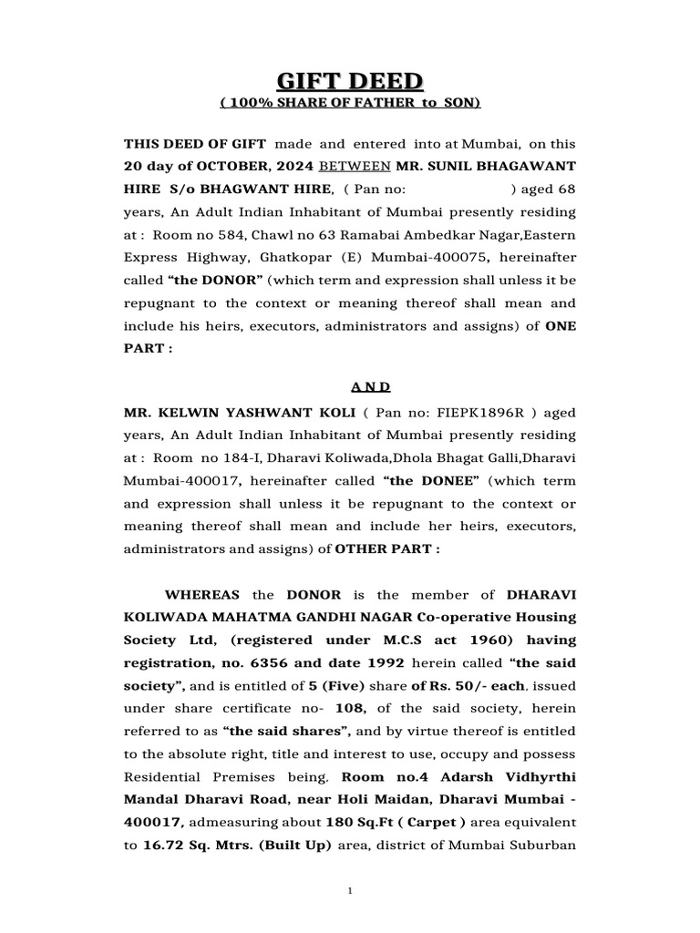 GIFT-DEED-HUSBAND-TO-WIFE - FLAT-NO-602A-WING (1) My Draft | PDF ...