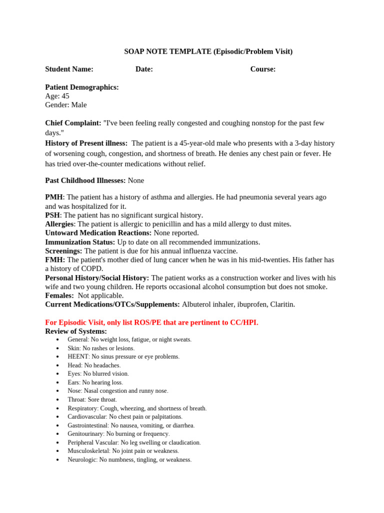 Bronchitis Soap Note PDF Chronic Obstructive Pulmonary Disease