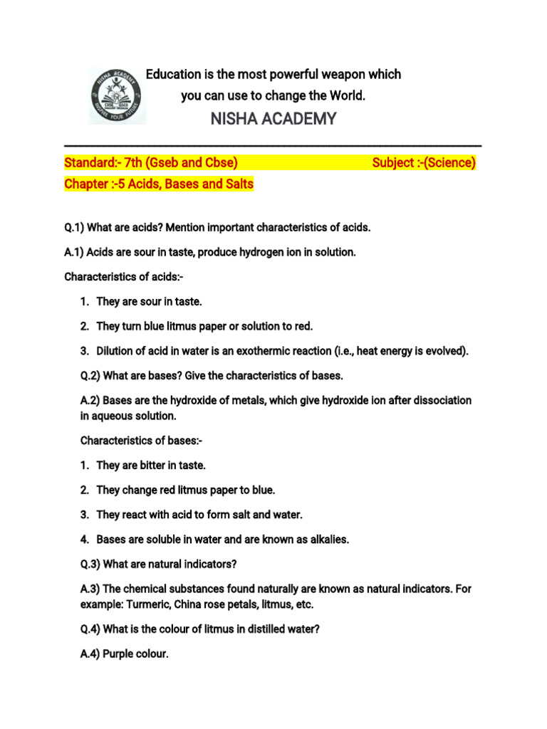 Acid, Base and Salts STD 7 | PDF | Chemical Substances | Chemical Compounds