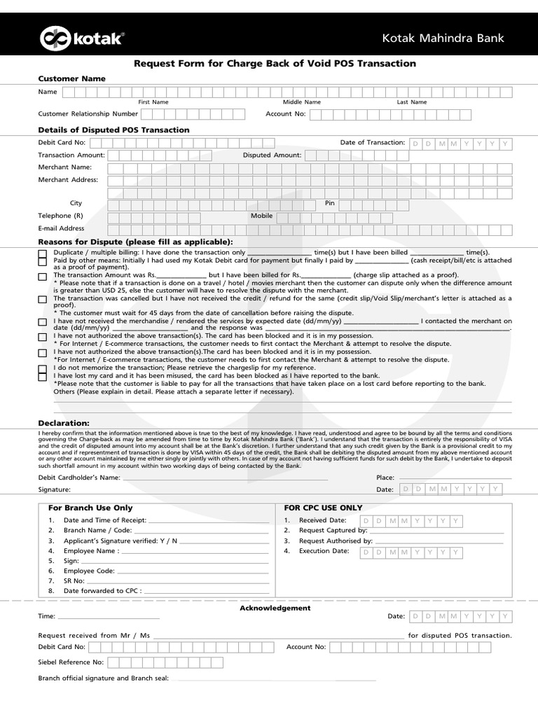 Chargeback Request Form for POS Transactions | PDF | Credit Card ...