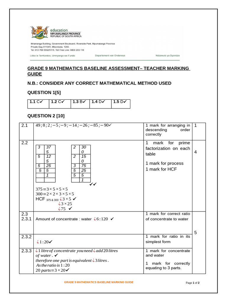 Marking Guide For Grade 9 Mathematics Baseline Assessment | PDF ...