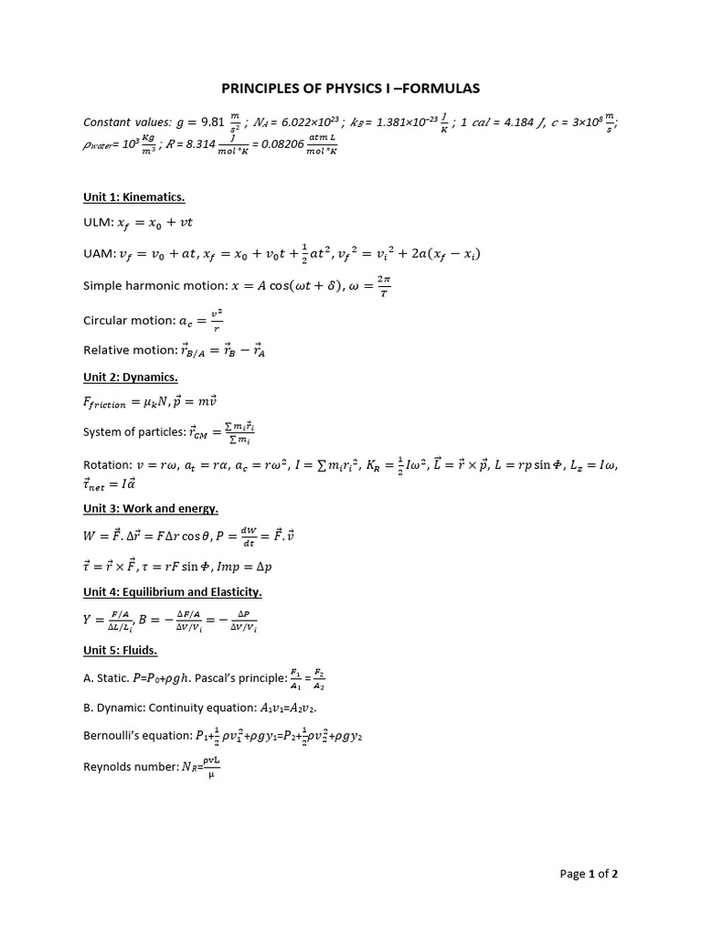 Principles of Physics I - Formulas | PDF