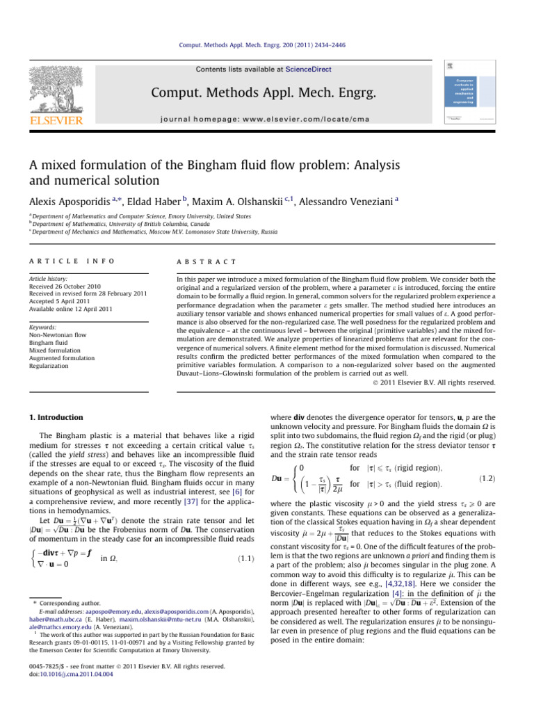 A Mixed Formuation of The Bingham Fluid Flow Problem Analysis and Numerical Solution | PDF ...