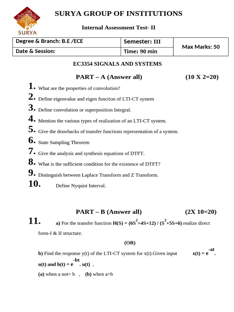 ECE Signals & Systems Exam | PDF | Teaching Methods & Materials