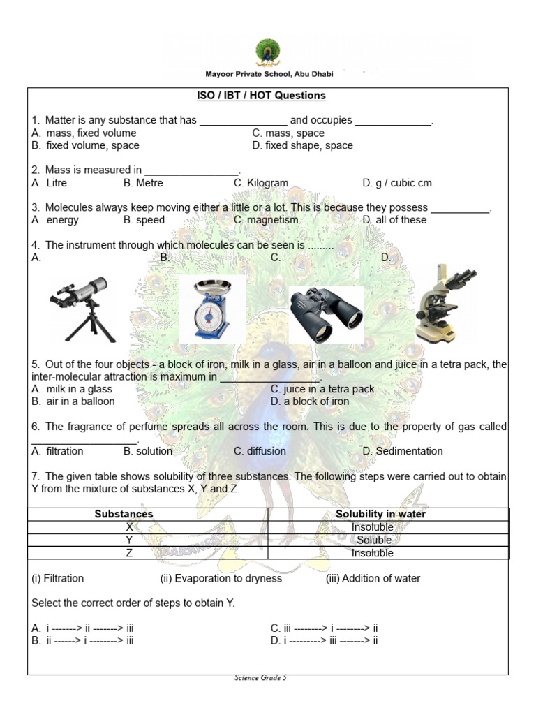 ISO / IBT / HOT Questions: Science Grade 5 | PDF | Solubility | Water