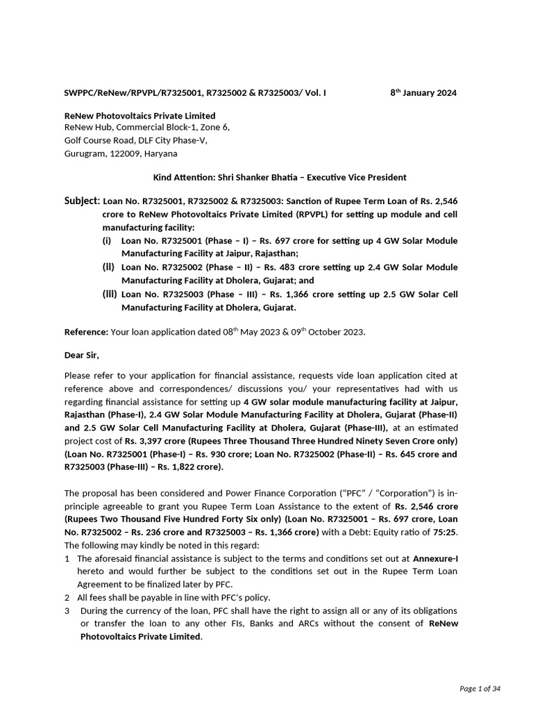 Sanction Letter - RPVPL (Mapped) January 24, 2024 | PDF | Interest | Debt