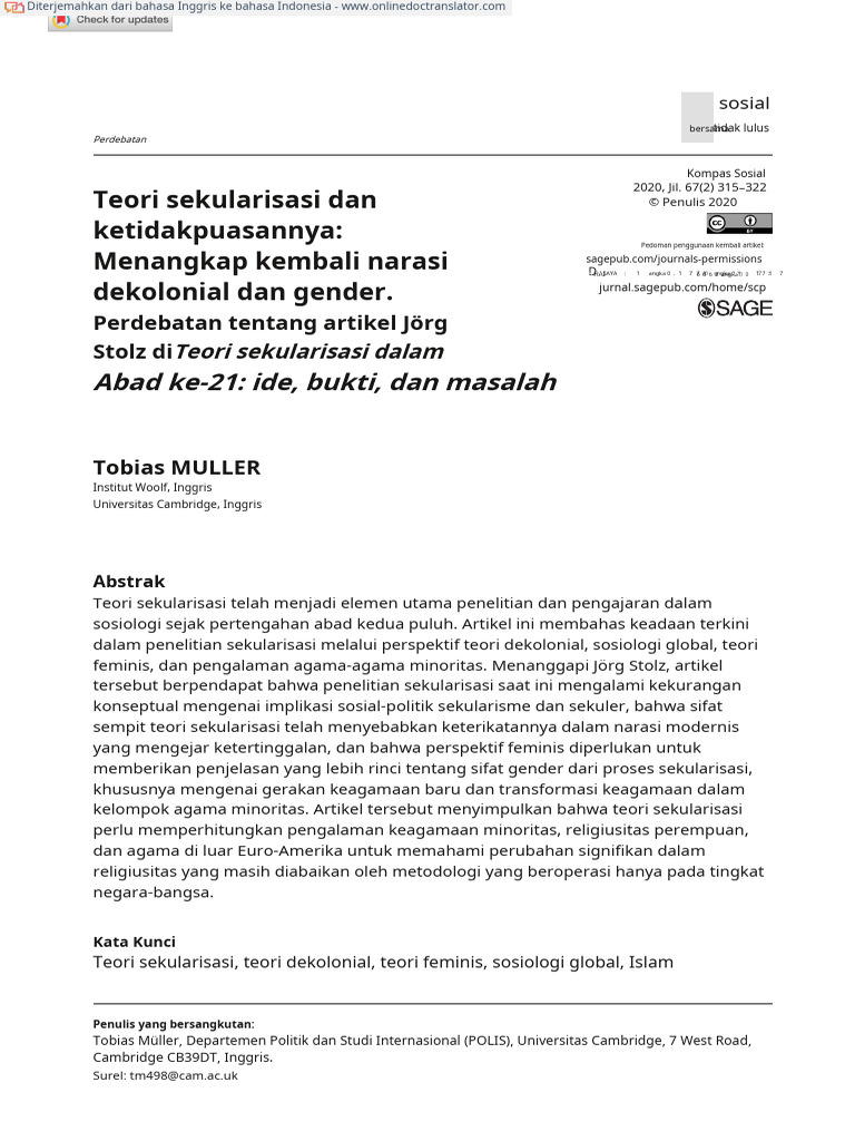 3 MÜLLER, Secularisation Theory and Its Discontents. Recapturing Decolonial and Gendered Narrati ...