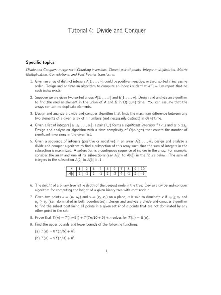 Tut - 4 Divide and Conquer | PDF | Multiplication | Time Complexity