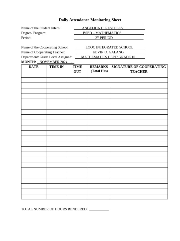 PT Daily Attendance Monitoring Sheet | PDF
