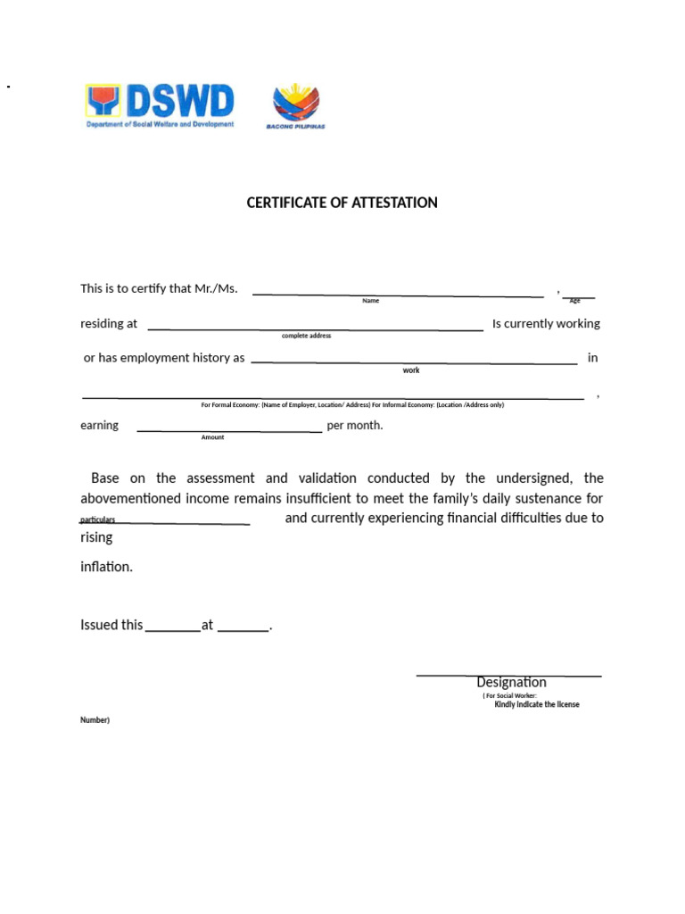 Certificate of Attestation (DSWD Template) | PDF